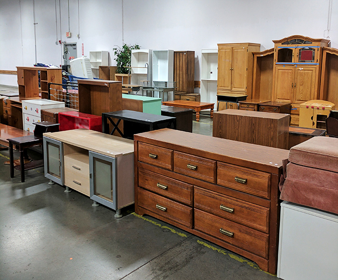Furniture heaven for the budget-conscious decorator. One person's discarded dresser becomes another's vintage statement piece in this wood-toned wonderland.