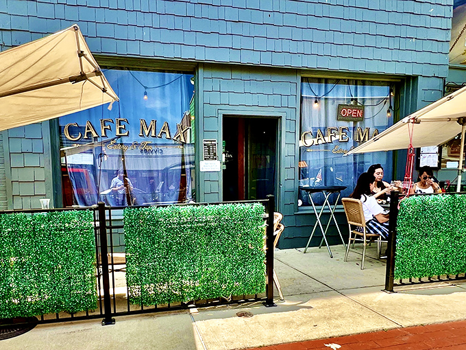 Cafe Max's turquoise exterior is basically a happiness beacon for anyone seeking pancakes and genuine small-town conversation.