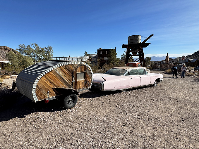The ultimate road trip combo&mdash;vintage pink Cadillac pulling what might be the world's first teardrop trailer. Route 66 glamping, pioneer style!