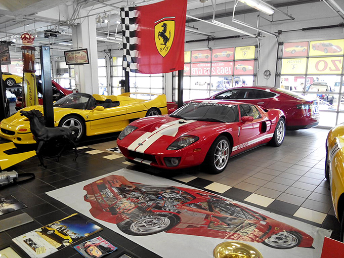 Gearhead heaven! The Swap Shop's exotic car collection showcases gleaming Ferraris and Ford GTs that would make even the most casual visitor suddenly develop expensive taste.