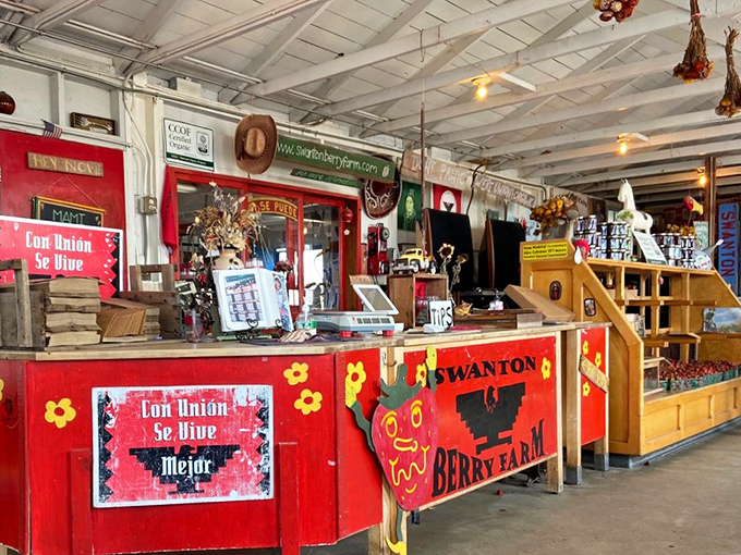 This isn't just a checkout counter—it's a colorful mission statement. The vibrant red stand proudly declares its union roots and organic philosophy.