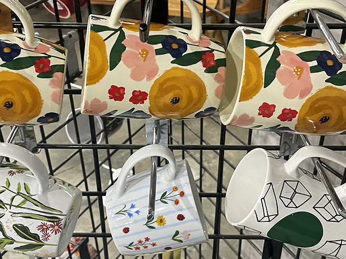 A rainbow of ceramic mugs hangs in perfect formation, each one ready to become someone's favorite morning companion.