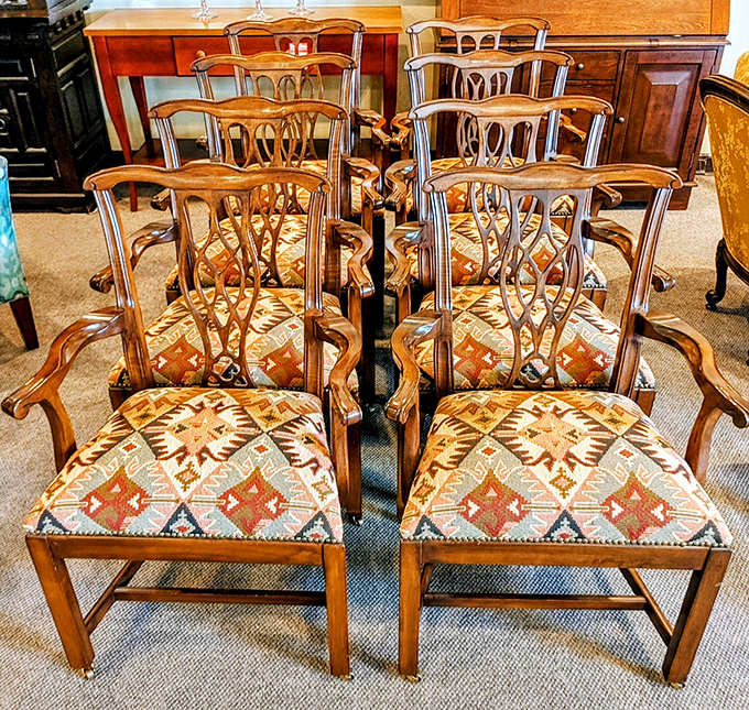 These Chippendale-inspired chairs aren't just furniture; they're time machines to more elegant dinner conversations, before phones became uninvited guests at every meal.