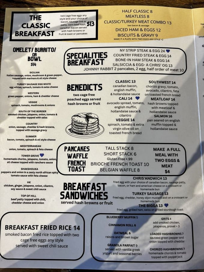 The menu at Chris' reads like a love letter to morning indulgence, with benedicts, omelets, and the star attraction—brioche French toast—taking center stage.