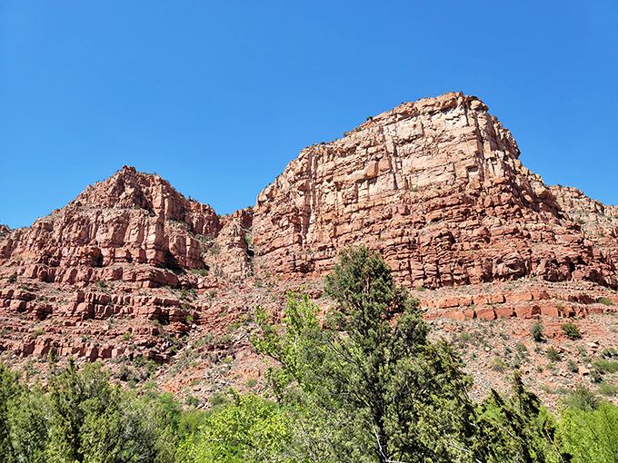Nature's skyscraper: These magnificent red rock formations tower over Verde Canyon, their layers telling geological stories millions of years in the making.