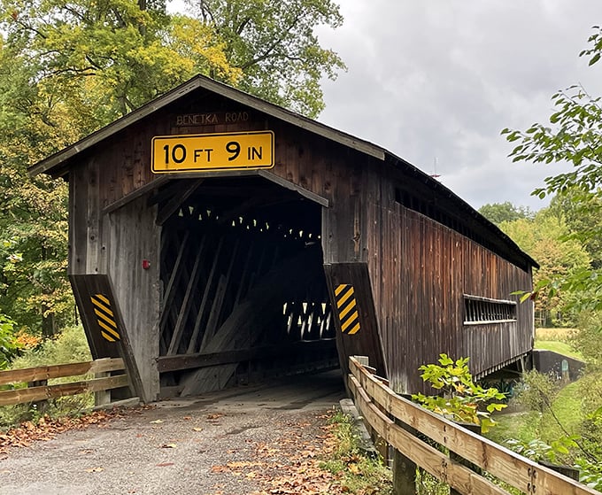 That yellow clearance sign isn't kidding around. At 10'9", this bridge demands respect from modern vehicles that dare to enter.