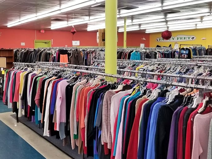 A color-coded wonderland of garments stretches as far as the eye can see. The thrill of the hunt is finding that perfect sweater hiding between a stranger's castoffs.