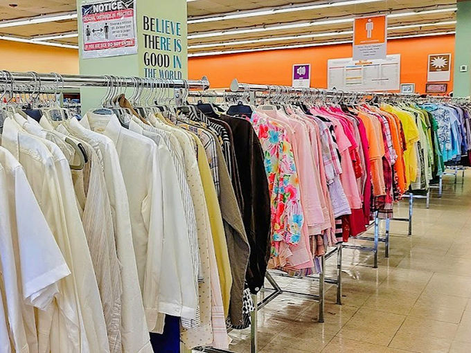 The clothing section stretches like a rainbow highway, each hue representing someone's past and your potential future wardrobe wins.