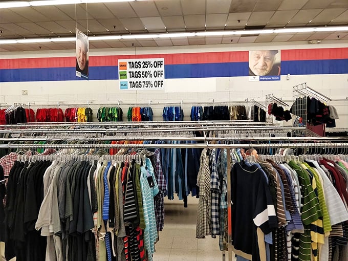 The clothing section stretches into the horizon like a textile sea, with color-coded waves of fashion from every era imaginable.