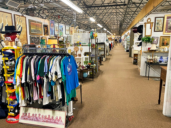 Vintage clothing racks where polyester dreams and cotton memories hang side by side. That blue t-shirt might have stories to tell that would make your Instagram feed jealous. 