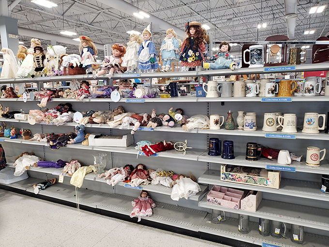 A porcelain army of dolls stands at attention, silently judging your fashion choices while offering themselves at prices that won't break the bank.
