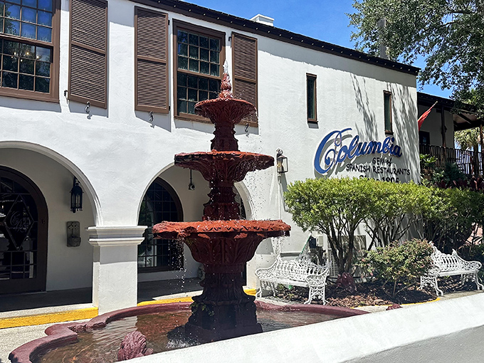 Columbia Restaurant's fountain welcomes diners with the gentle sound of water – nature's appetizer before diving into authentic Spanish cuisine.