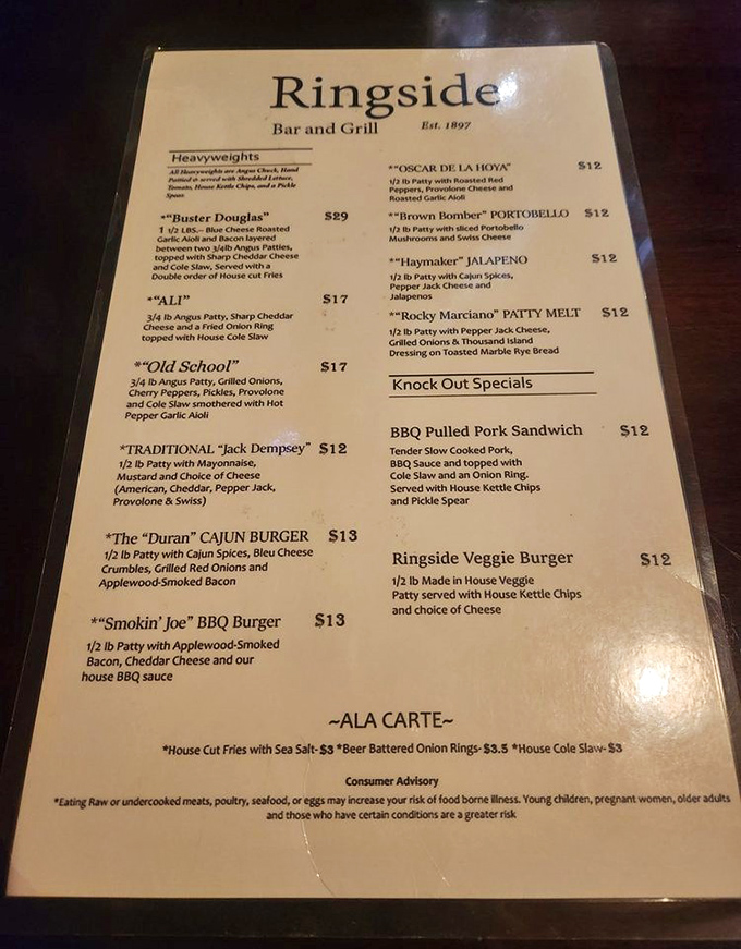 The menu reads like a boxing hall of fame, with heavyweight contenders that pack a flavorful punch. Choose your fighter wisely!