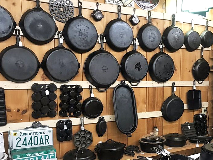 Cast iron paradise that would make your grandmother nod in approval. Decades of cornbread and perfect sears hanging in silent testimony.
