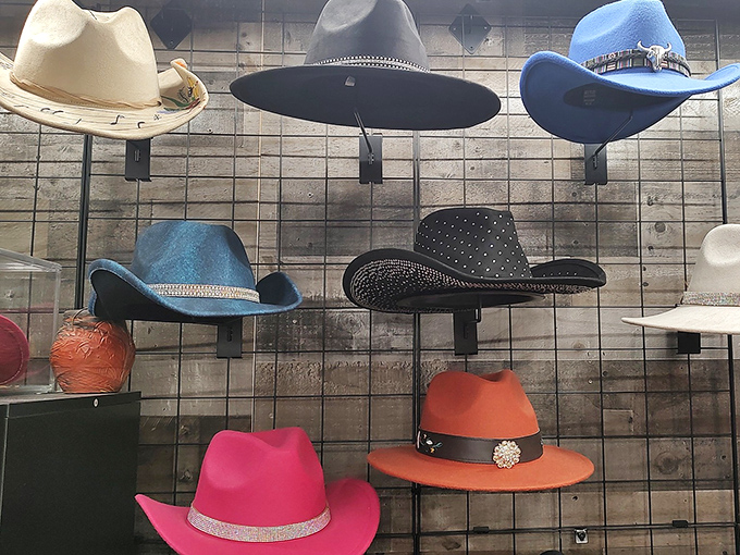 Cowboy dreams hang in suspended animation. From classic Stetsons to statement pieces that would make Dolly proud, hat heaven awaits the stylish treasure seeker.