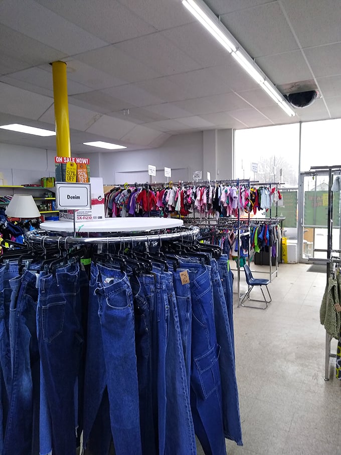 Denim paradise awaits the patient explorer. Like archaeological layers, each rack reveals fashion history from bell-bottoms to skinny jeans.