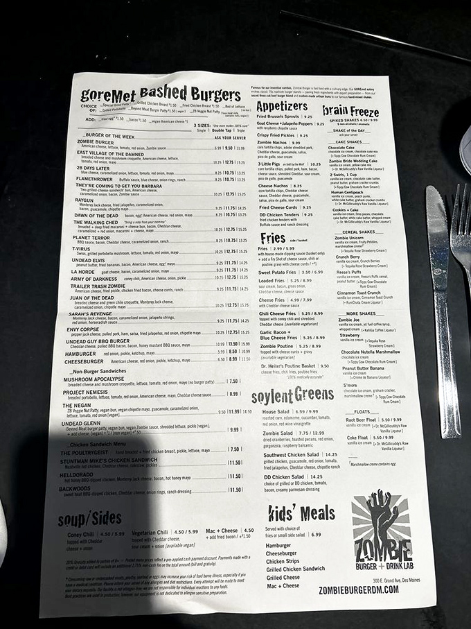 The menu reads like a horror movie festival program, but with more cheese options. Each burger name deserves its own trailer and cult following.