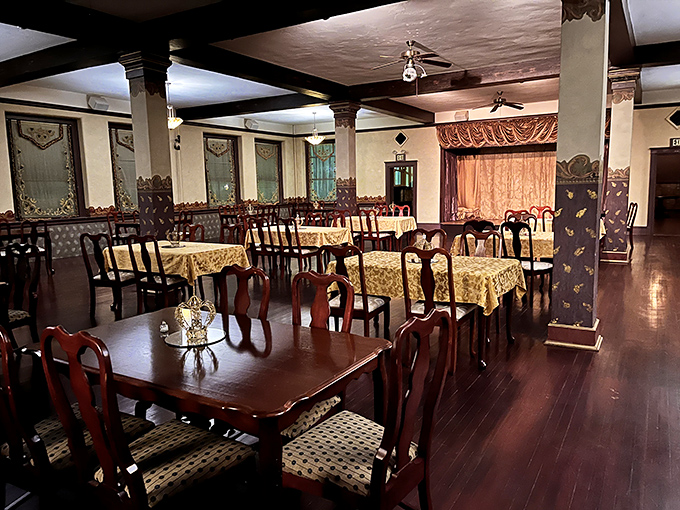 The dining hall where Knights of Pythias once feasted now awaits modern-day visitors. Those chairs have witnessed more history than most history books.