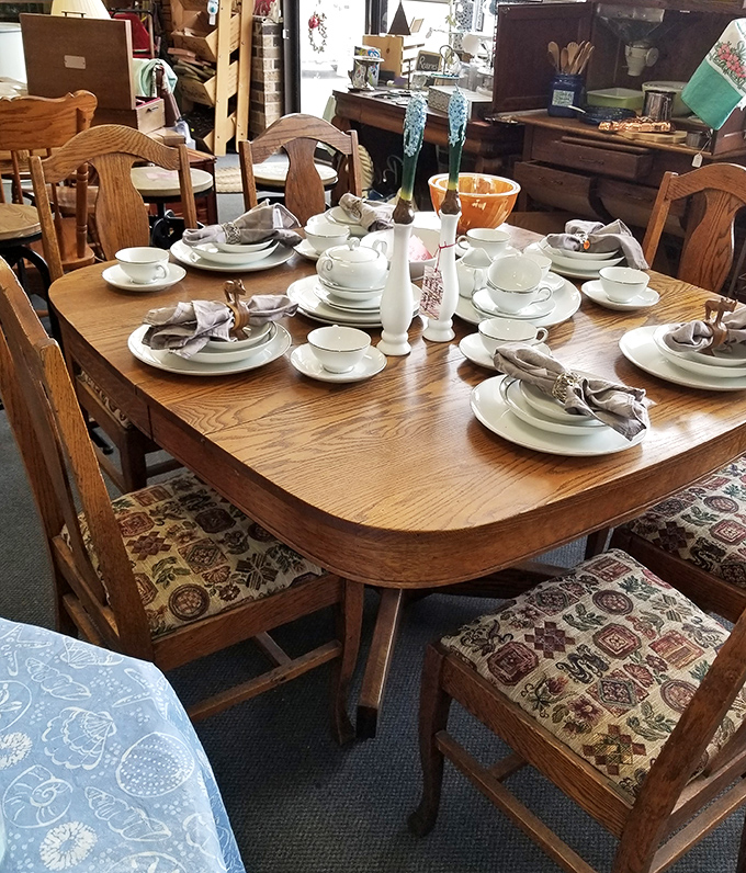 This oak dining set has hosted countless family dinners and holiday gatherings. The stories these chairs could tell if upholstery could talk!