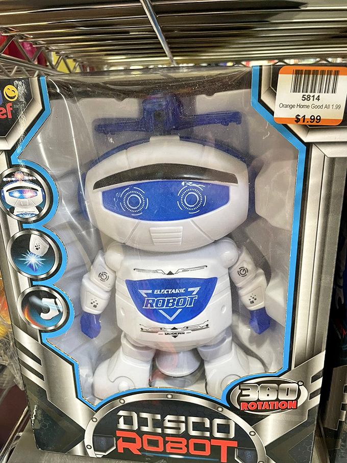 Yesterday's futuristic toy dreams at today's prices! This Disco Robot promises 360-degree rotation and endless nostalgia for just $1.99.