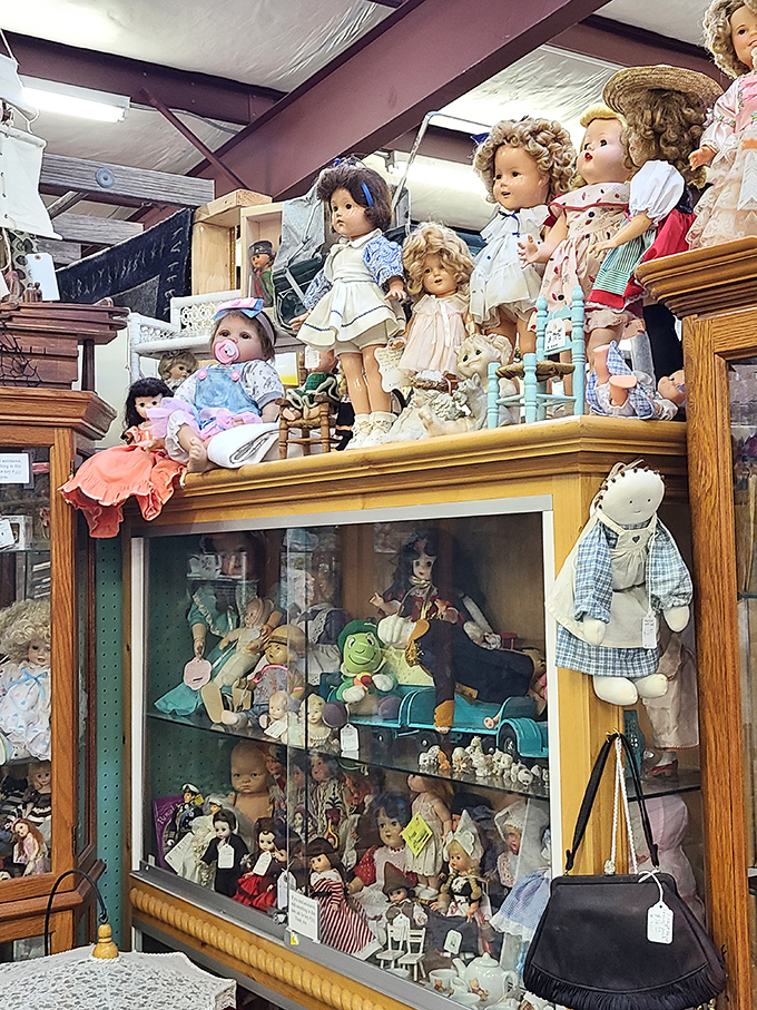 The doll section: where childhood memories and slight unease coexist beautifully. These porcelain faces have witnessed decades of history from their glass-enclosed perch.