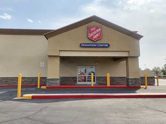 The donation center entrance&mdash;where one person's "I'm done with this" becomes another's "I can't believe I found this!"