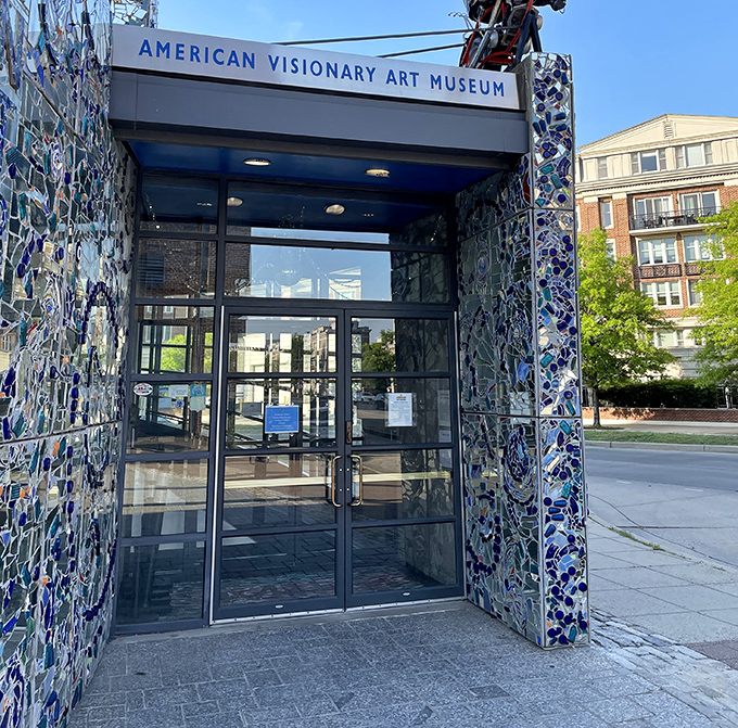 Even the entrance is a work of art, with thousands of mirror fragments and colored glass creating a portal that feels like stepping through a kaleidoscope into wonderland.