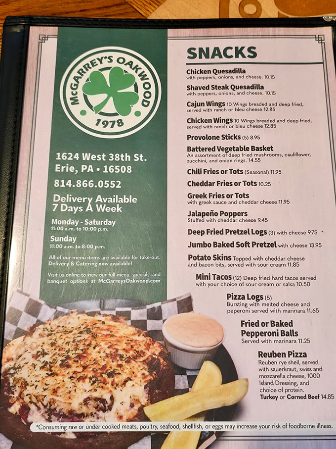 The menu reveals McGarrey's Irish soul with its shamrock logo. Those pizza logs and Reuben pizza aren't just food &ndash; they're edible happiness.