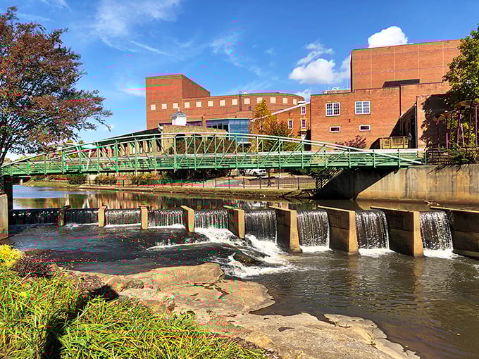 Liberty Bridge spans the Reedy River like a graceful green parenthesis, offering retirees front-row seats to nature's water show right in downtown.