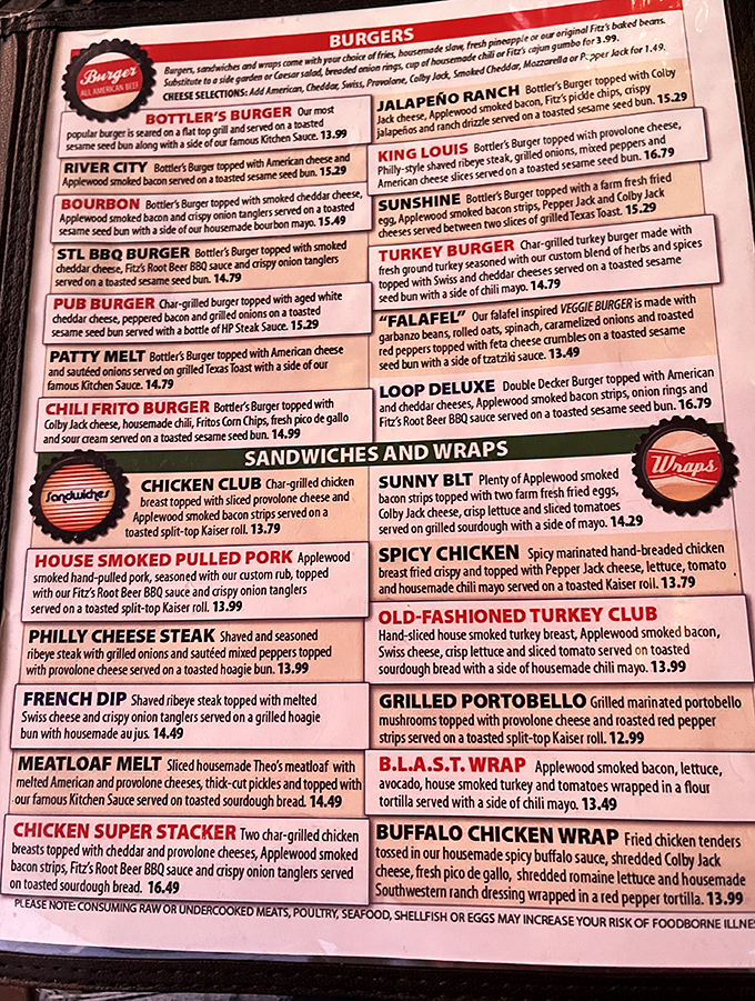 The menu at Fitz's reads like a love letter to American comfort food, with each burger promising a different path to happiness.
