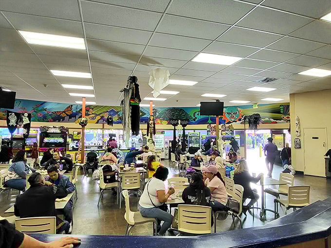 The food court buzzes with conversation and culinary delights, proving that some of life's best negotiations happen over a good meal.