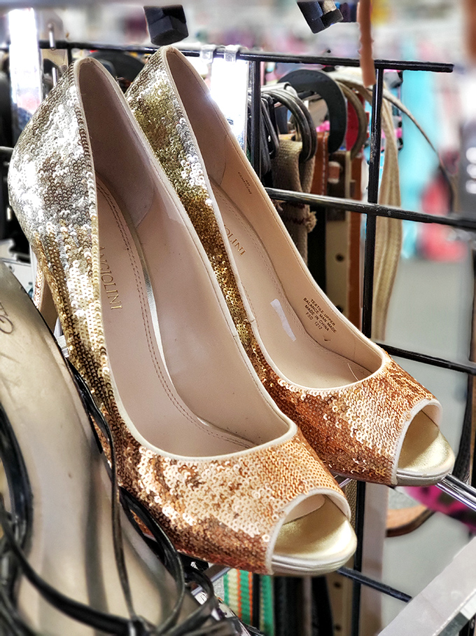 Cinderella had a fairy godmother; you have these gold sequined heels waiting to transform your night for less than a fancy cocktail costs.