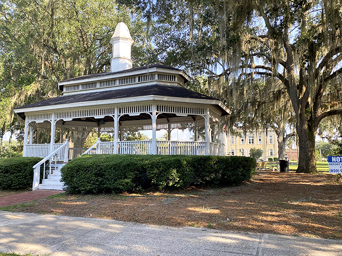 The town's iconic gazebo stands like a Southern belle in her Sunday best, offering shade and serenity beneath Spanish moss-draped oaks.