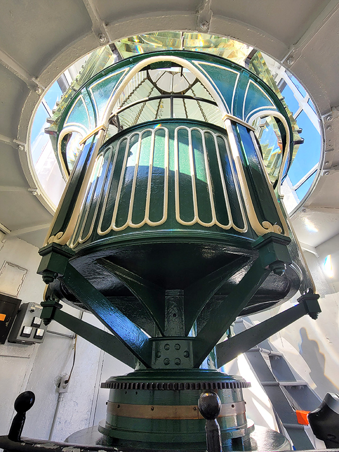 The crown jewel: a first-order Fresnel lens that looks like something Galileo would have designed if he'd partnered with Tiffany & Co.