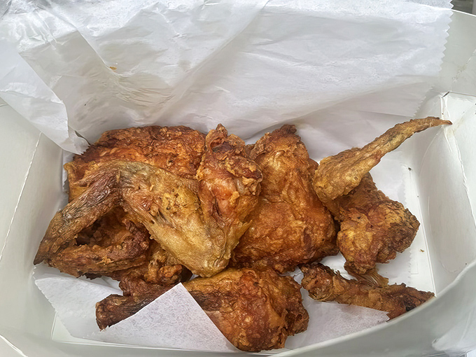 Golden-brown perfection that makes you forget your table manners. This isn't just fried chicken—it's edible artwork with a crunch.