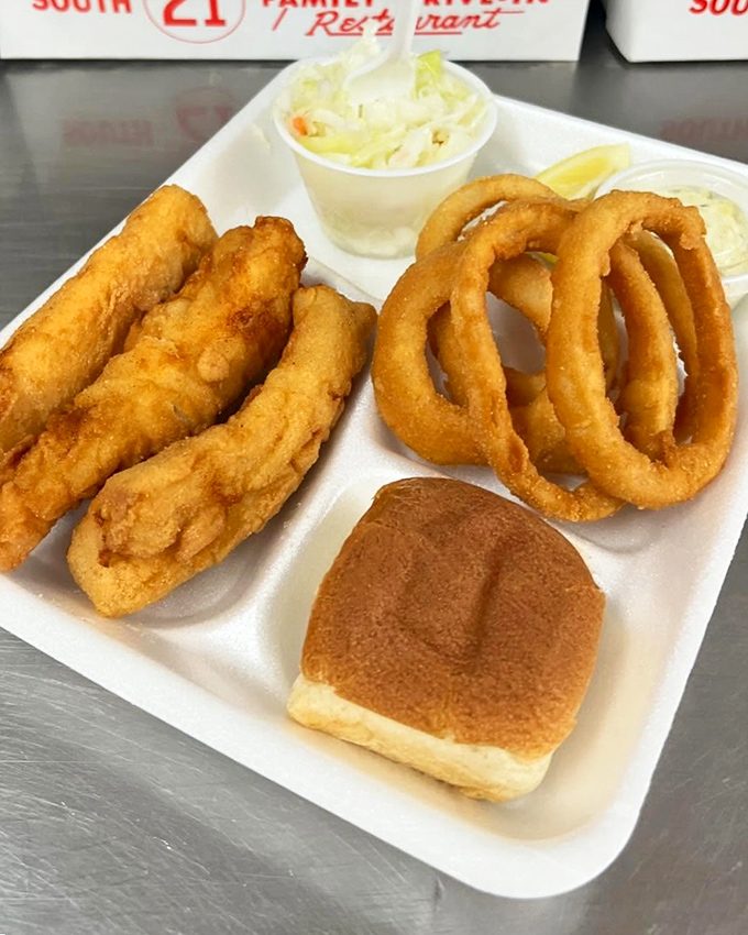Golden-fried trout that flakes at the touch of a fork, paired with those onion rings that could double as edible jewelry.