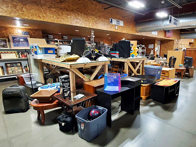 The furniture section resembles a living room time capsule – where else can you find both a drum set and office supplies in the same shopping trip?