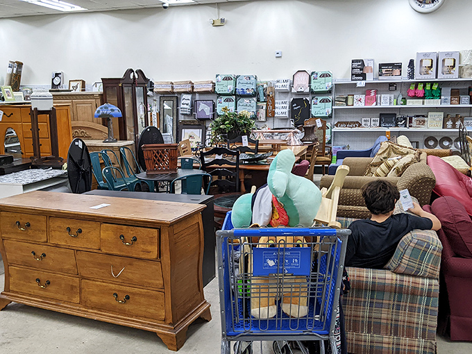 Solid wood dressers and comfy couches wait patiently for their second act in someone's living room story.