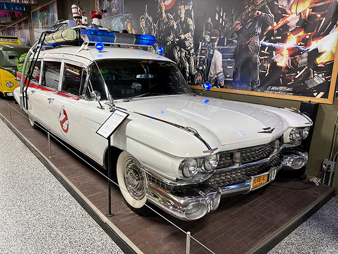 Who ya gonna call? The iconic Ecto-1 from Ghostbusters sits ready for paranormal action. Even the proton packs look ready to blast.