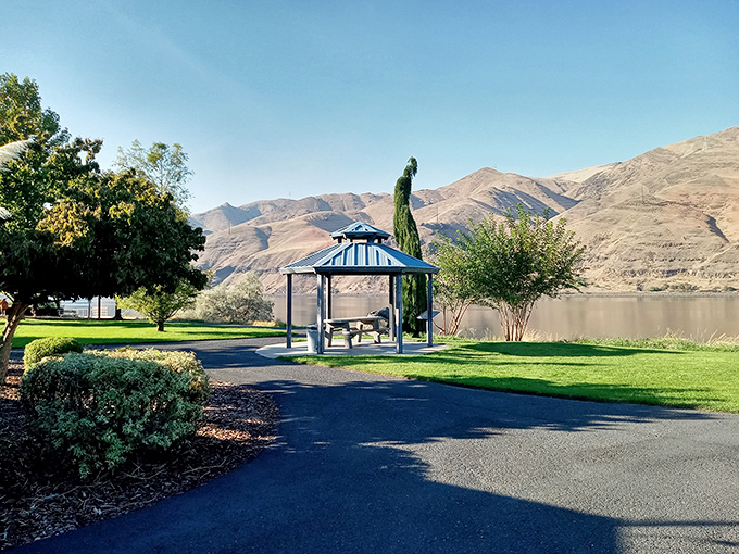 A riverside gazebo that practically whispers, "Bring a book and stay awhile." The Snake River and surrounding hills provide a backdrop worthy of a retirement brochure cover.