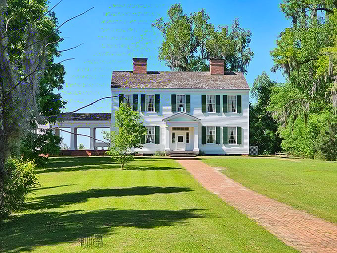 Southern elegance perched above the river. The Gregory House stands as a pristine example of antebellum architecture, rescued from flooding and rebuilt brick by brick.