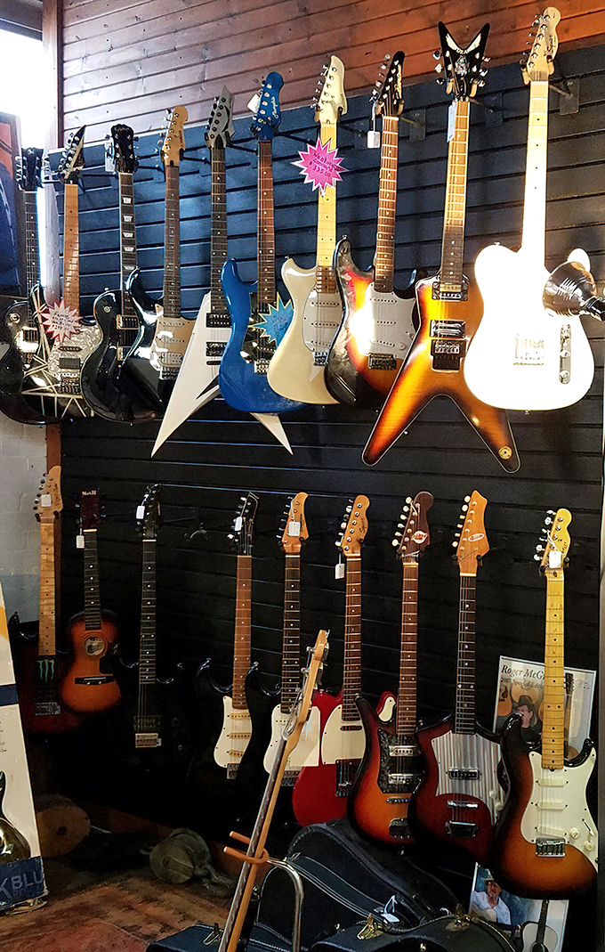 Rock 'n' roll heaven exists, and it's hanging on this wall. Each guitar tells a story louder than the music it once played.
