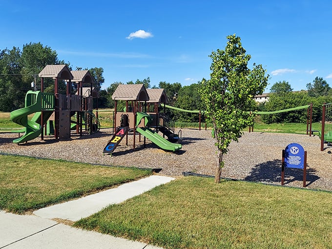 The community playground offers what every kid needs: fresh air, green slides, and zero notification alerts. Screen time? What screen time?