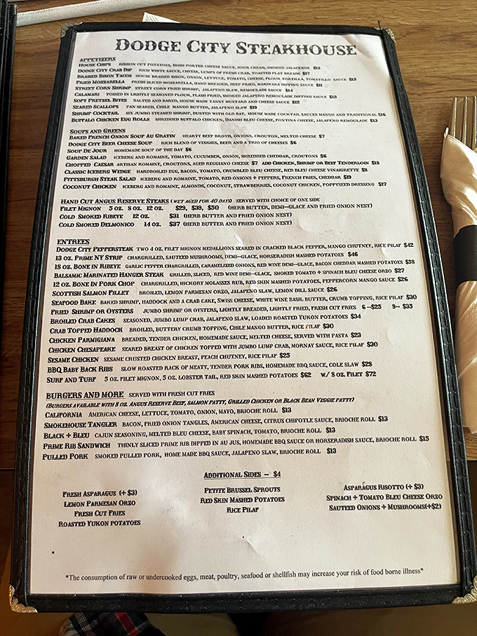 The menu reads like a carnivore's dream journal. Notice how your eyes instinctively gravitate toward that Smokehouse Prime Rib Sandwich?