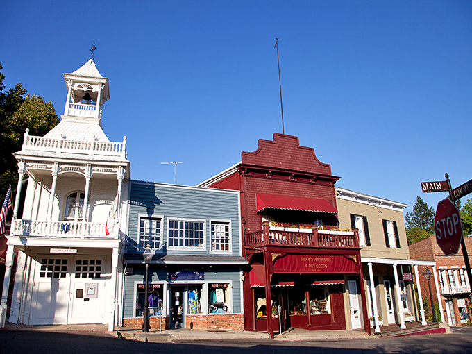 Corner of Main and Commercial streets showcases Nevada City's architectural diversity, from the firehouse bell tower to colorful storefronts.
