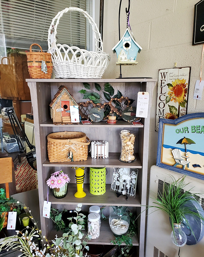 Every shelf tells a story here, from cheerful birdhouses to woven baskets that have held everything from picnics to dreams.