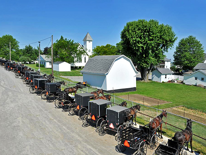 Sunday parking lot, Amish-style. These buggies lined up outside the church speak volumes about priorities and perspective.