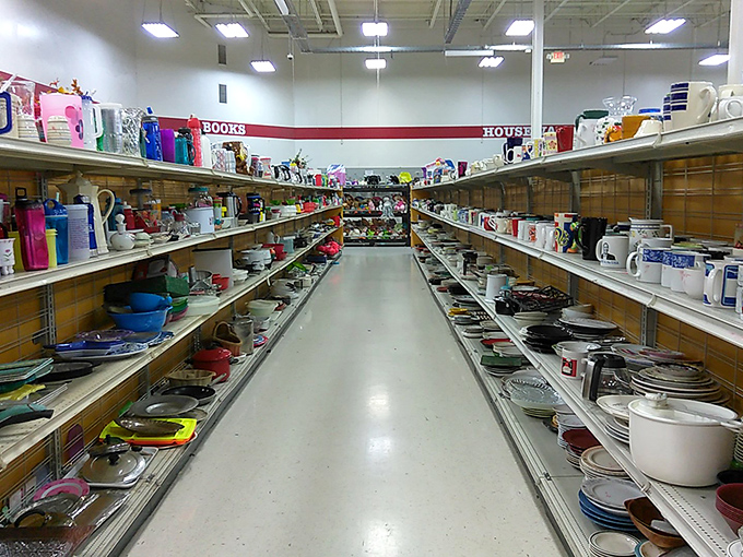 Treasure hunters, take note: this kitchenware aisle could stock a small restaurant. One person's cast-off pot is another's culinary breakthrough waiting to happen.