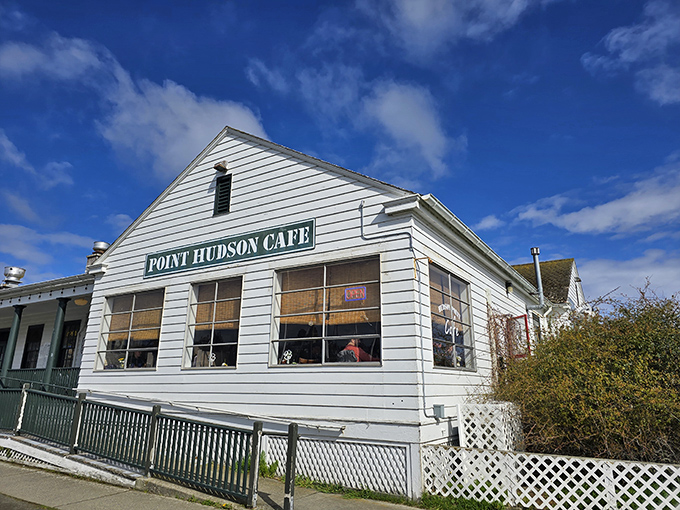The Point Hudson Cafe offers that quintessential coastal dining experience&mdash;simple white clapboard exterior, panoramic water views, and the promise of comfort food with a side of maritime history.
