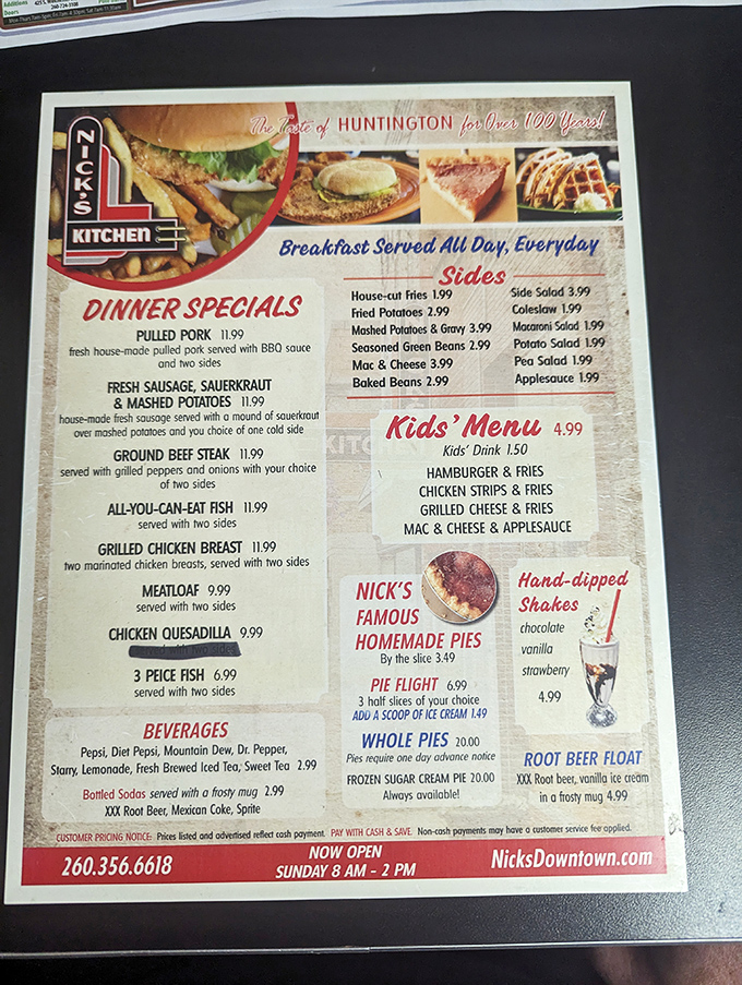 The menu reads like a love letter to Midwest comfort food. Breakfast all day? Yes, please! And those homemade pies aren't just desserts&mdash;they're edible Indiana heritage.